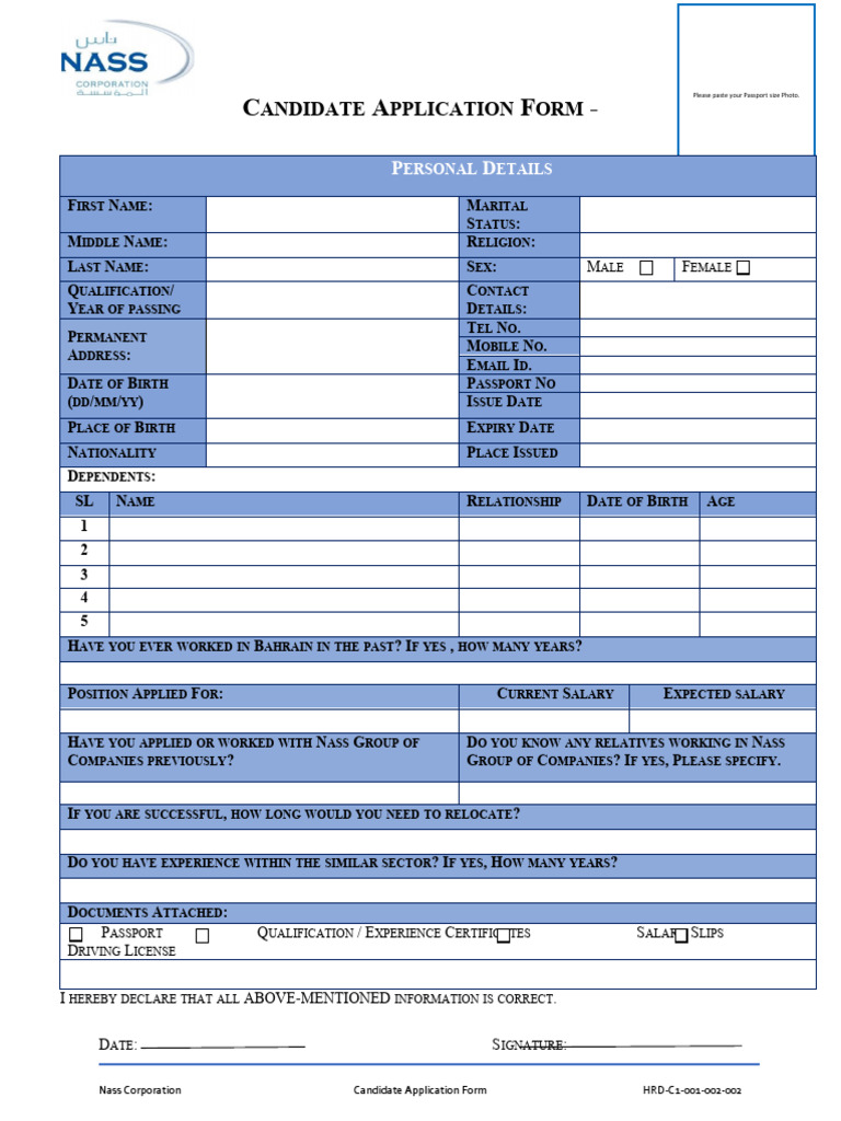 HRD C1 001 002 R00 Candidate Application Form | PDF HRD C1 001 002 R00 Candidate Application Form | PDF