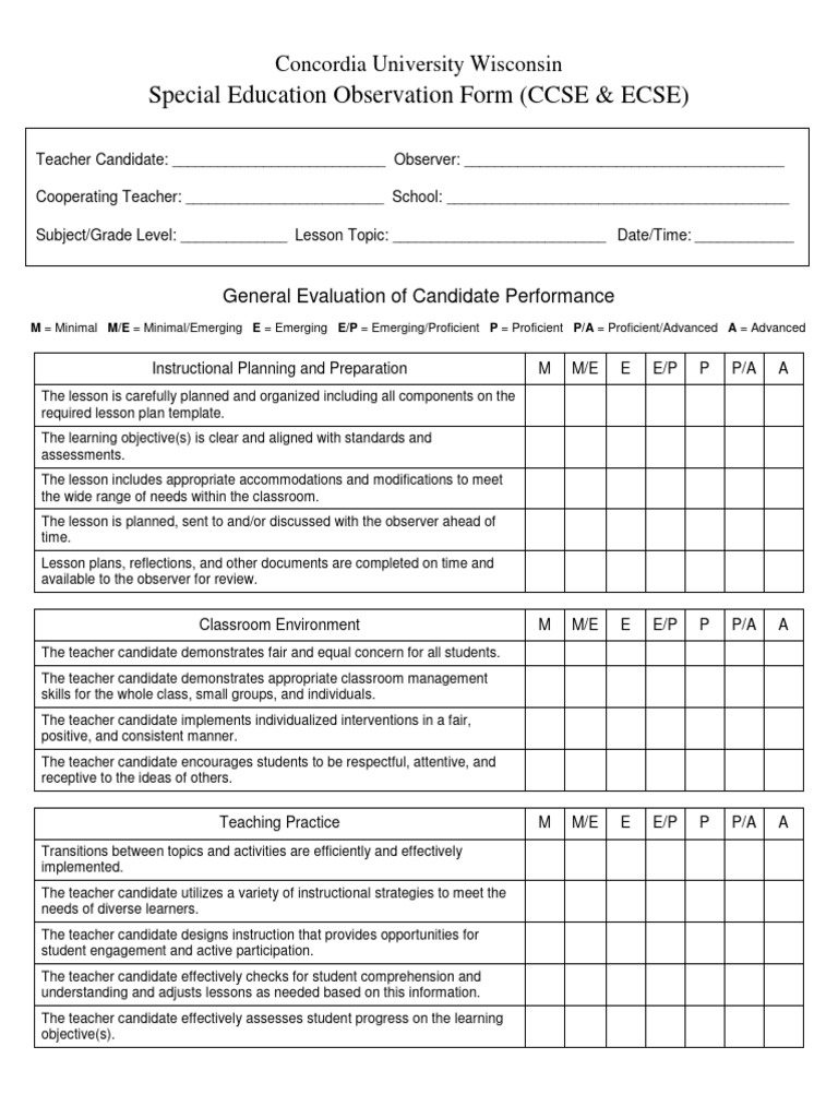 SPED Observation Form | PDF | Teachers | Lesson Plan