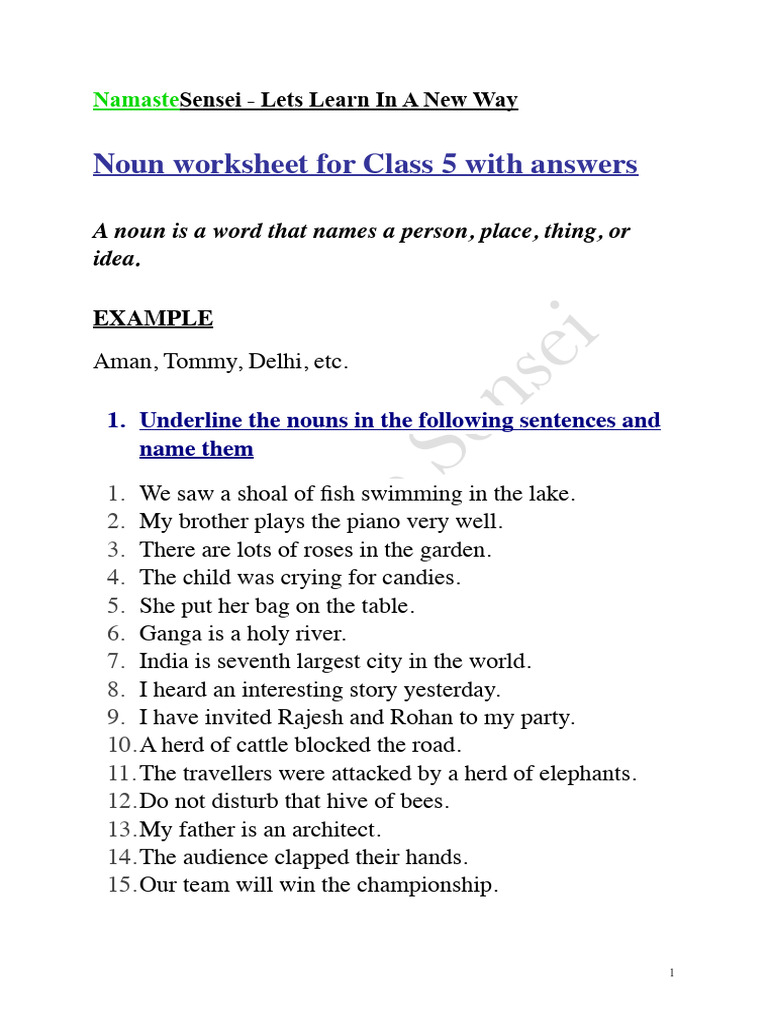 Class 5 Noun Worksheet | PDF
