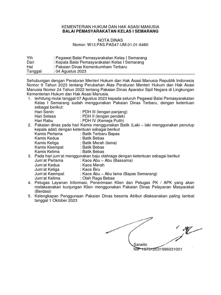 Nota Dinas Pemakaian Pakaian Dinas Terbaru | PDF