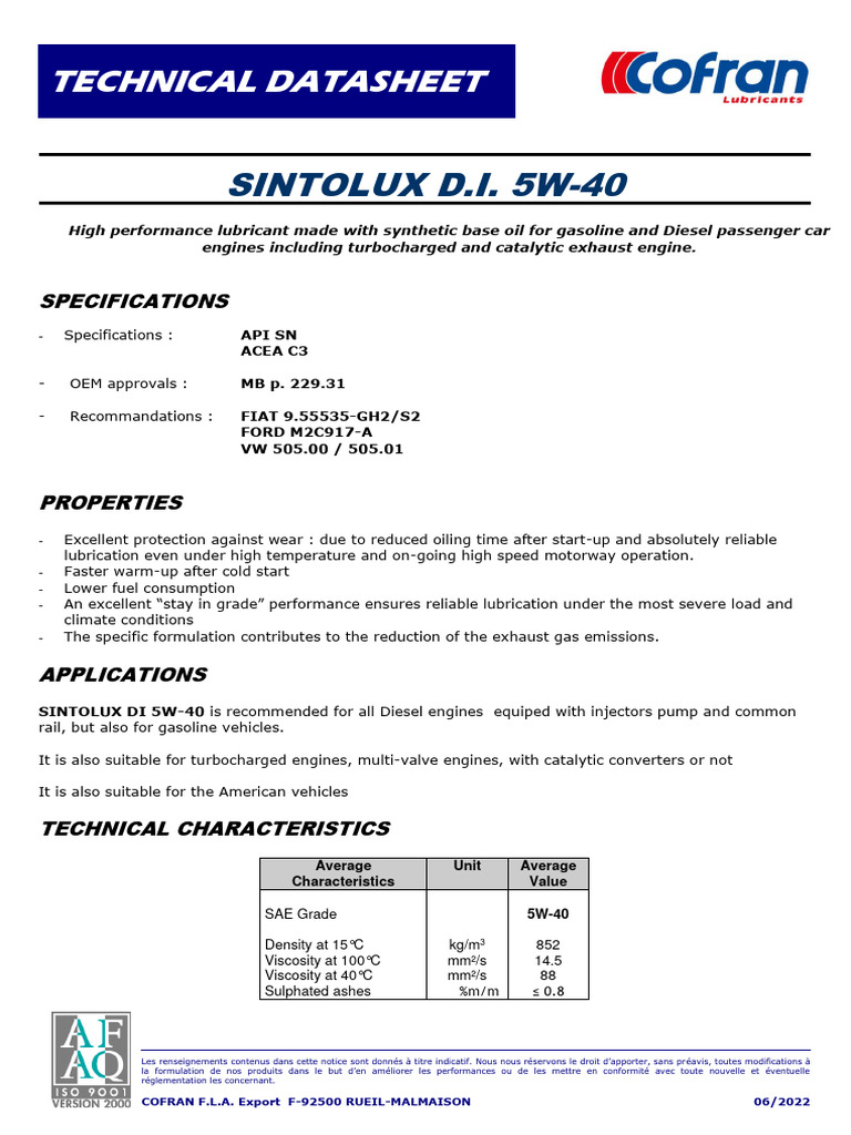 Cofran Sintolux Di 5w40 en | PDF | Diesel Engine | Propulsion