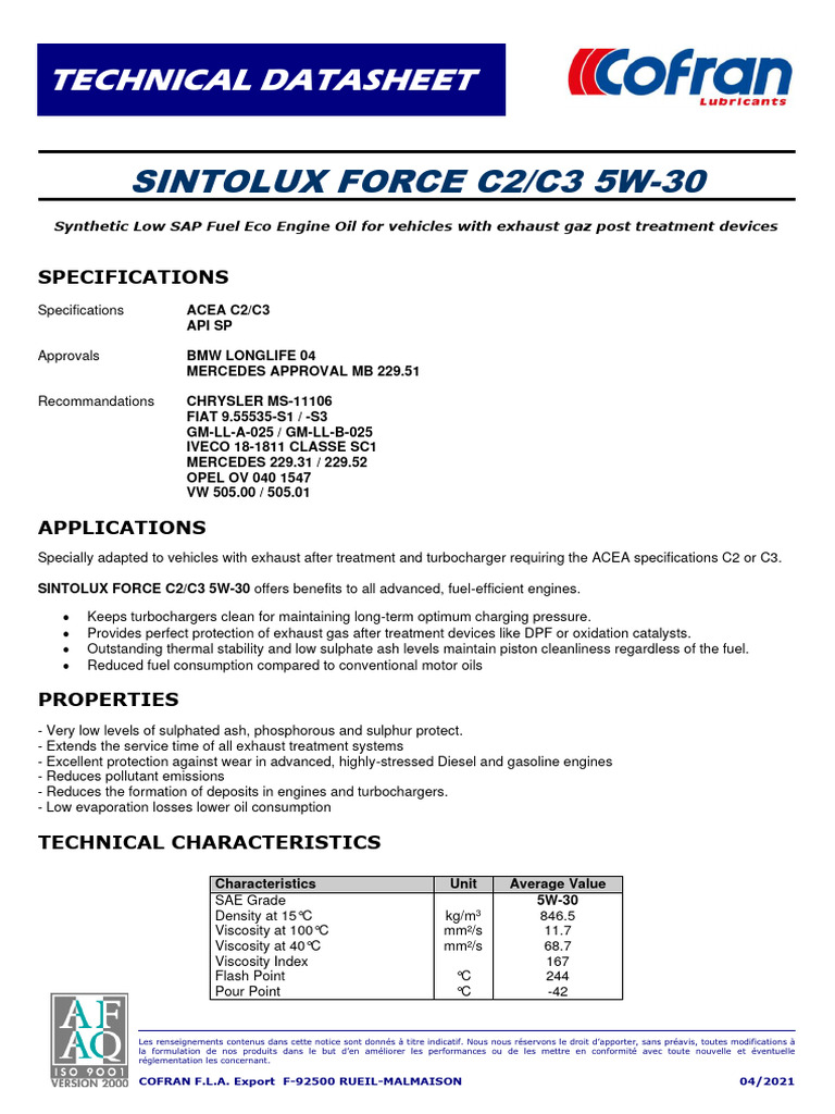 Cofran Sintolux Force c2 c3 5w30 En | PDF | Motor Oil | Engines