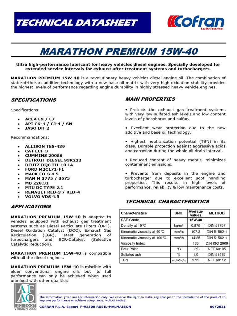 Cofran Marathon Premium 15w40 en | PDF | Motor Oil | Chemistry
