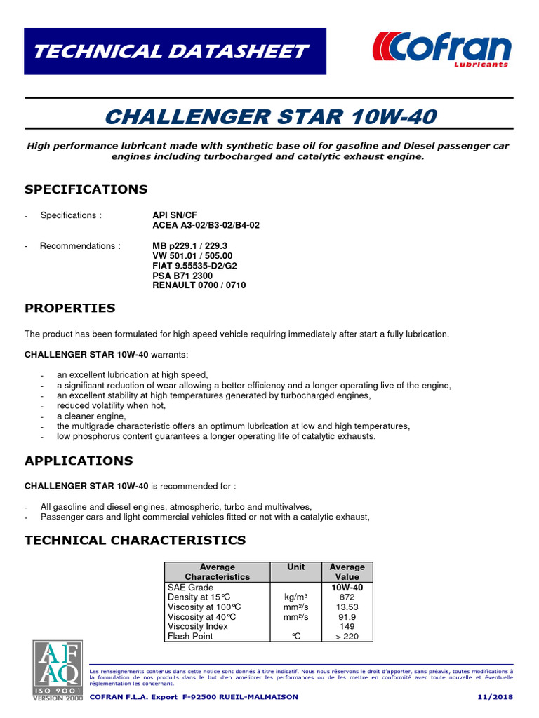 Cofran Challenger Star 10w40 en | PDF | Motor Oil | Vehicle Parts