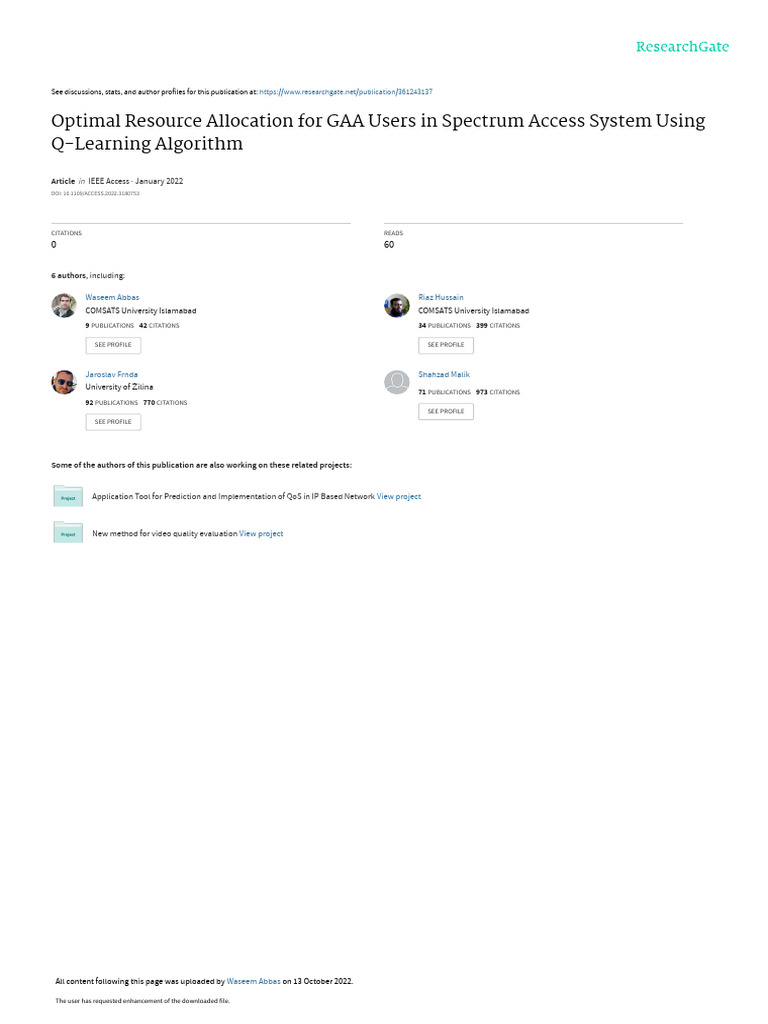 Optimal Resource Allocation For GAA Users in Spectrum Access System Using Q-Learning Algorithm1 ...