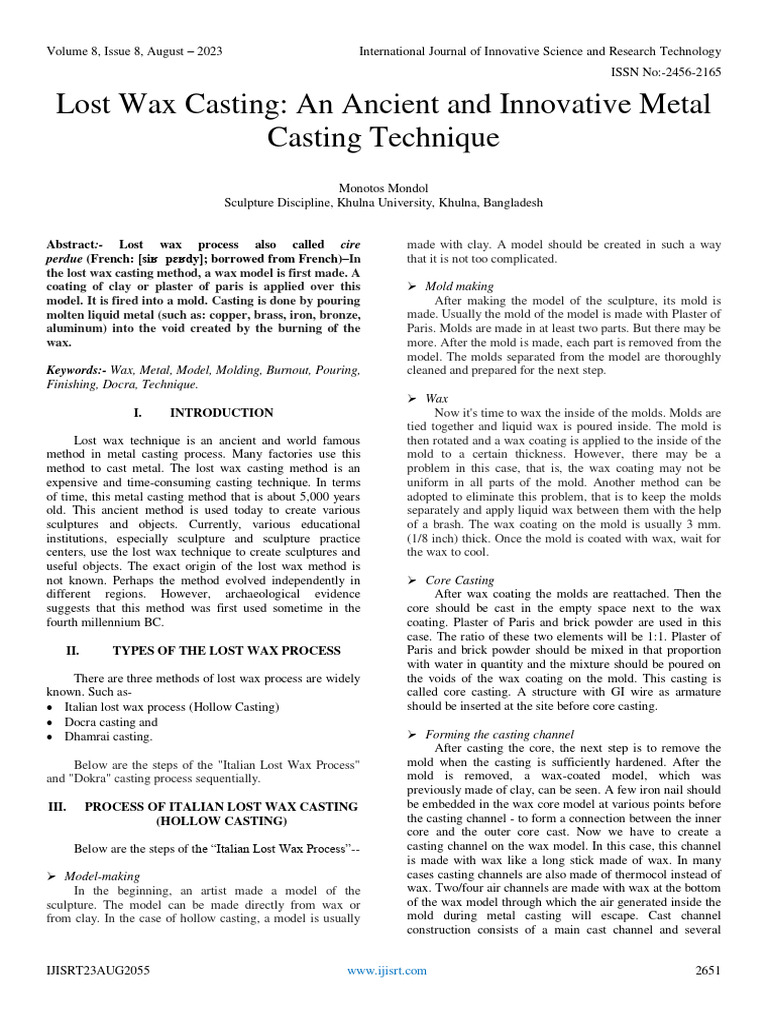 Lost Wax Casting: An Ancient and Innovative Metal Casting Technique | PDF | Casting | Alloy