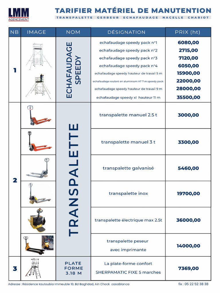 Tarifier Matériel de Manutention 2023 | PDF