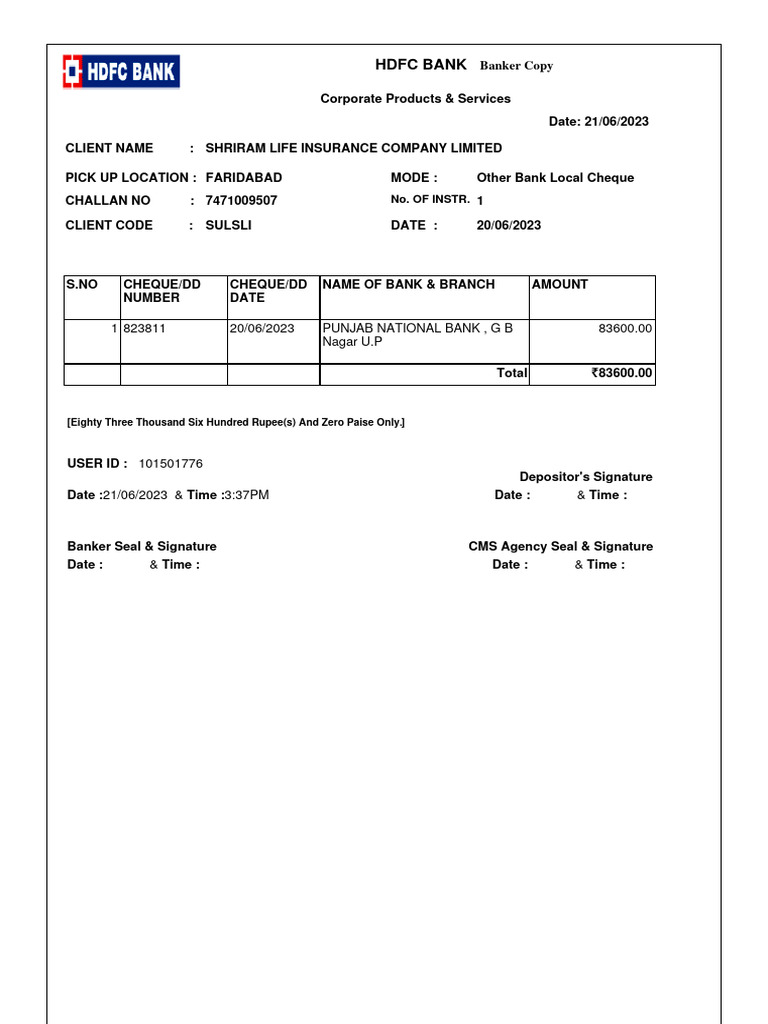 HDFC Bank: 1 823811 20/06/2023 Punjab National Bank, G B Nagar U.P 83600.00 | PDF | Banks ...