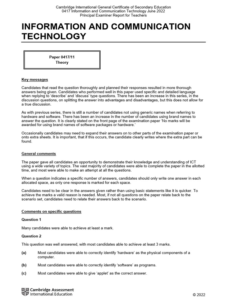Information and Communication Technology: Paper 0417/11 Theory | PDF ...