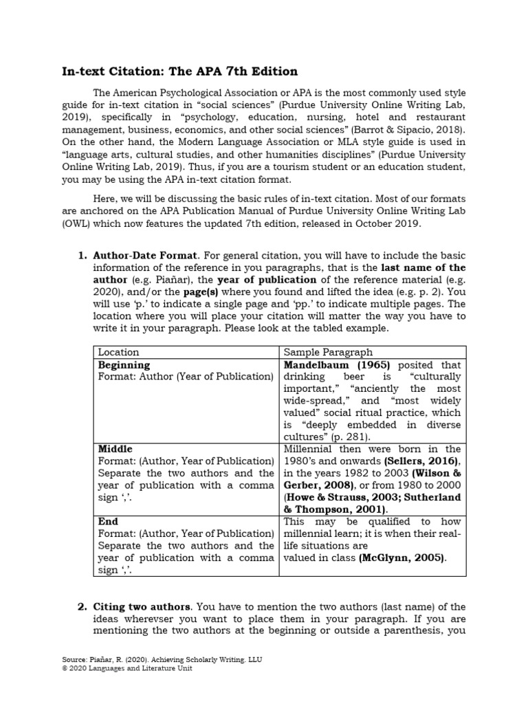 In Text Citation APA 7th Edition | PDF | Apa Style | Citation