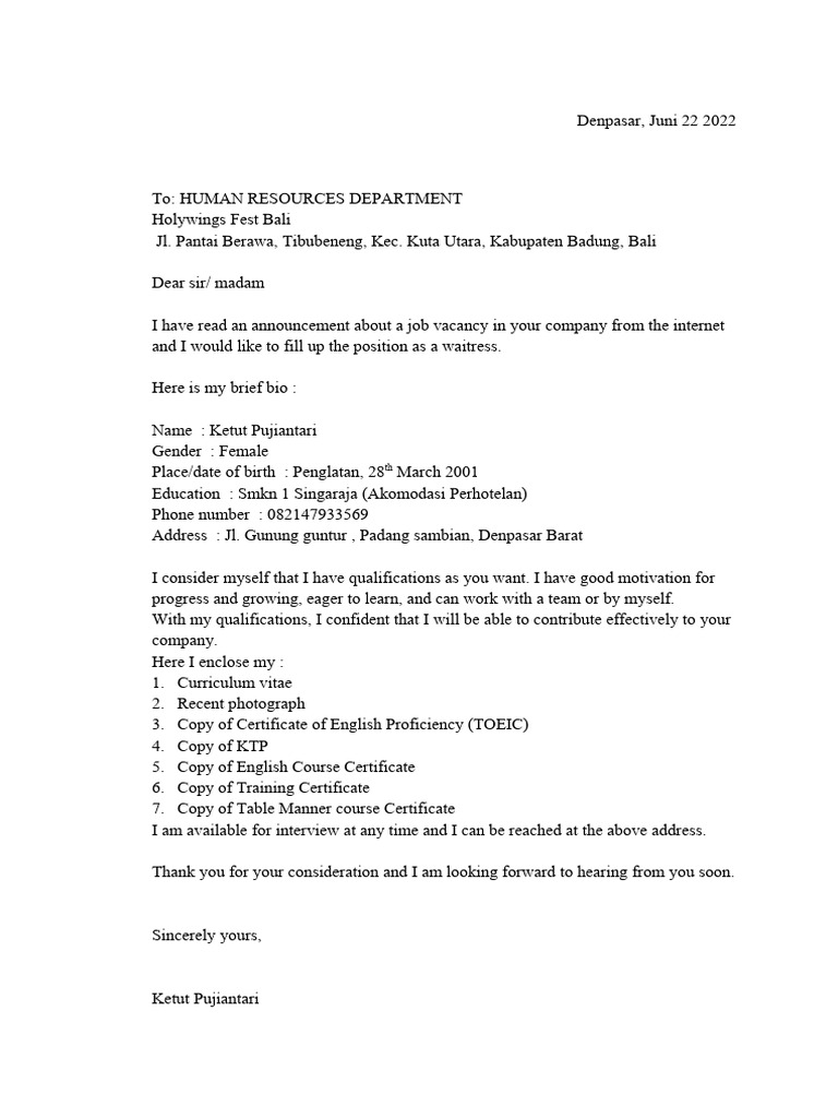 Job Application for Waitress Position | PDF | Food And Drink | Cuisine