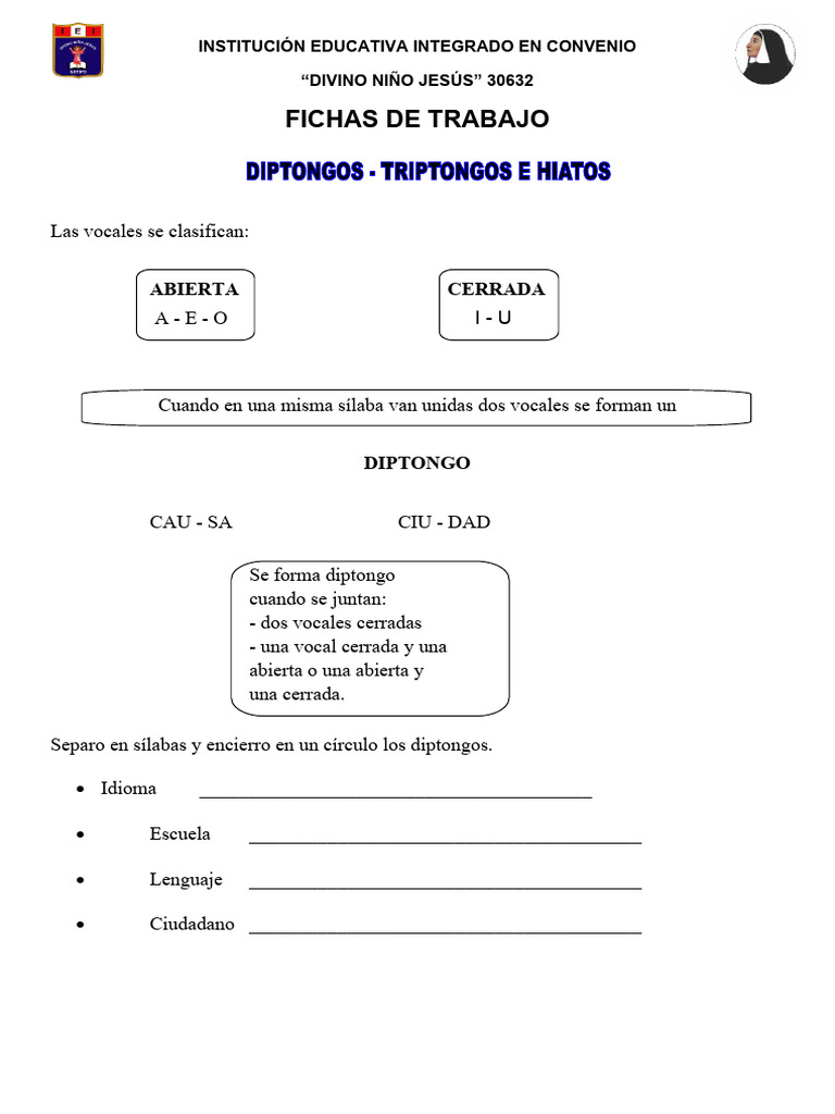 Diptongo Hiato y Triptongo para Cuarto de Primaria | PDF