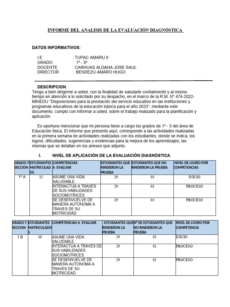 Informe Del Analisis de La Evaluacion Diagnostica de Inicio | PDF | Evaluación | Aprendizaje