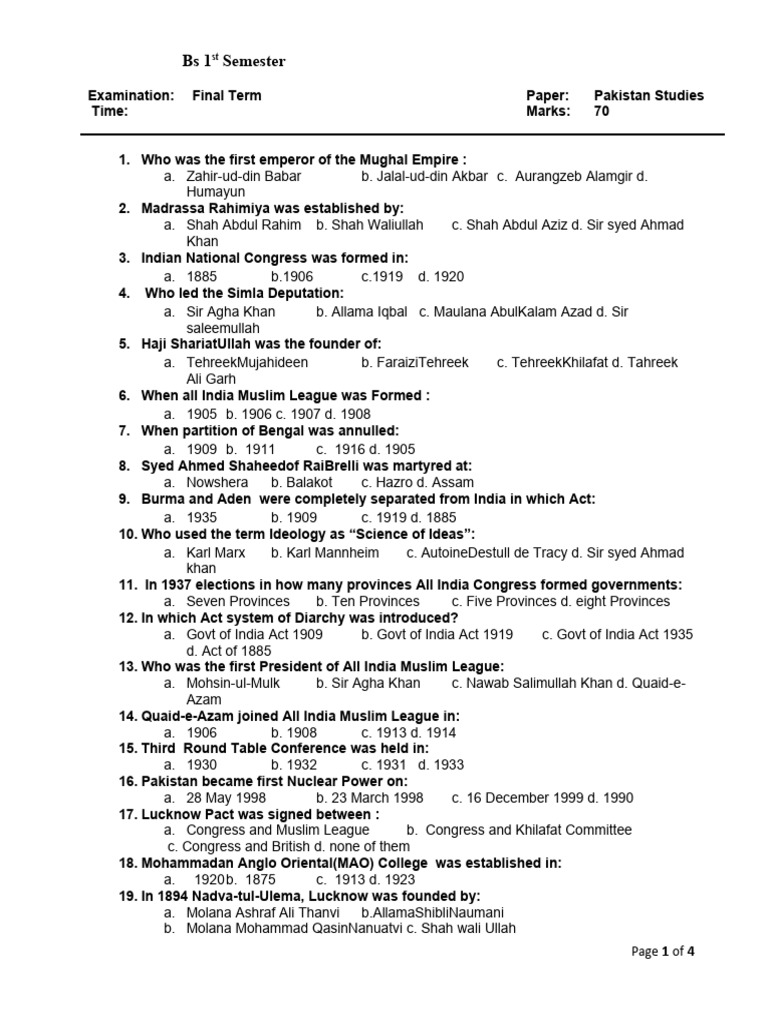 Bs Pak Study Paper | PDF | Pakistan | All India Muslim League