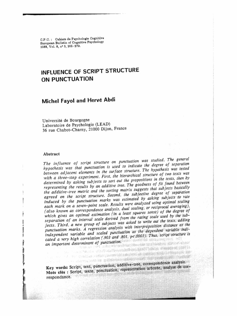 Hervé Abdi Et Michel Fayol. Influence of Script Structure On Punctuation. | PDF