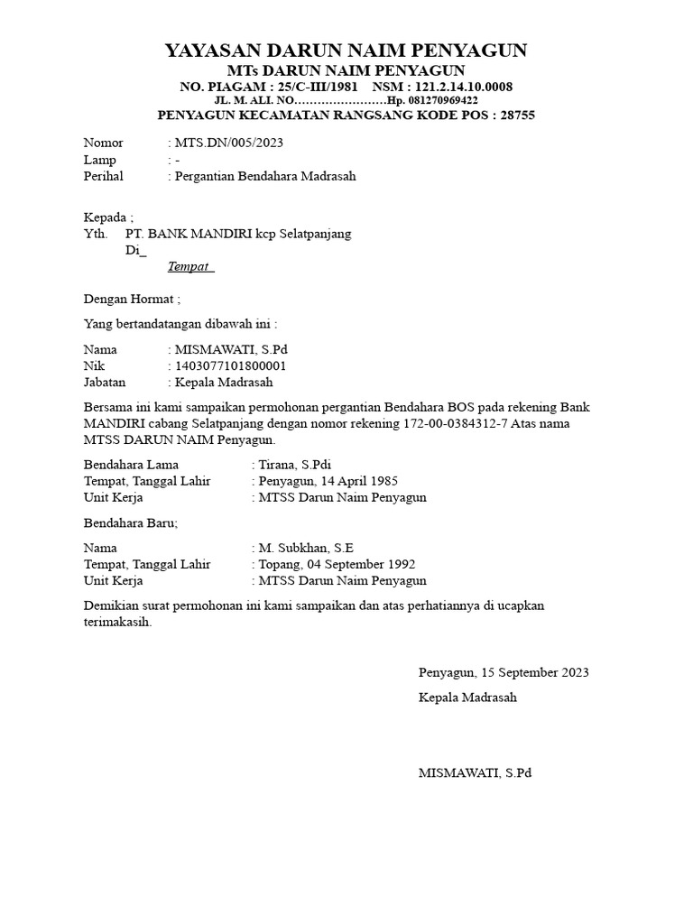 Surat Permohonan Pergantian Bendahara | PDF