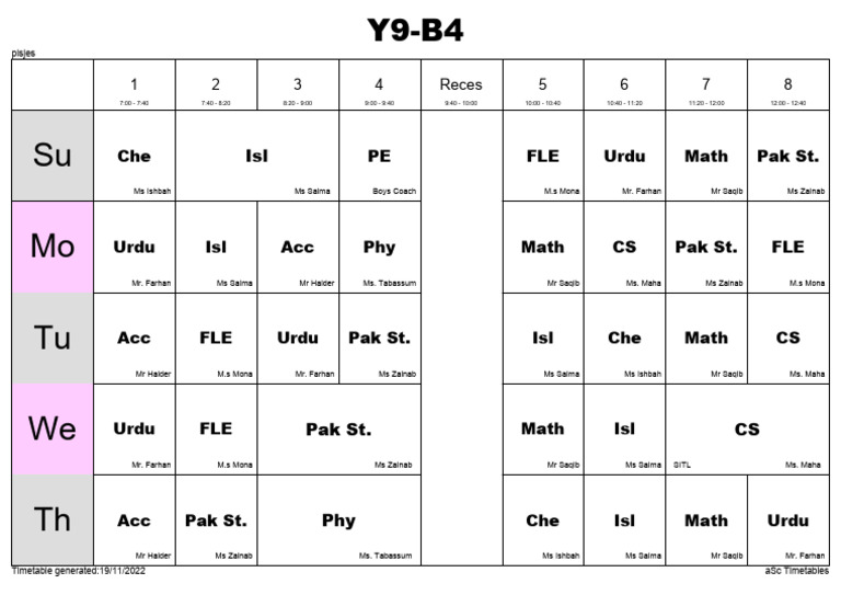 Year 9 Class Timetable Overview | PDF