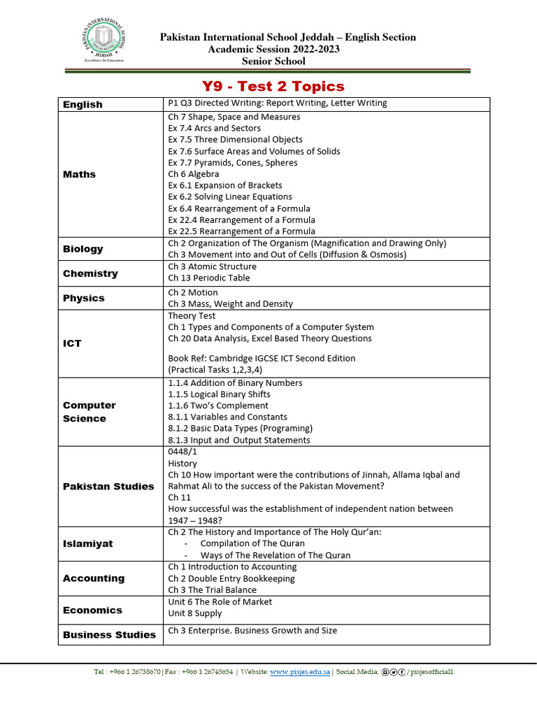 Test 2 - Topics Y9 | PDF | Formula | Pakistan