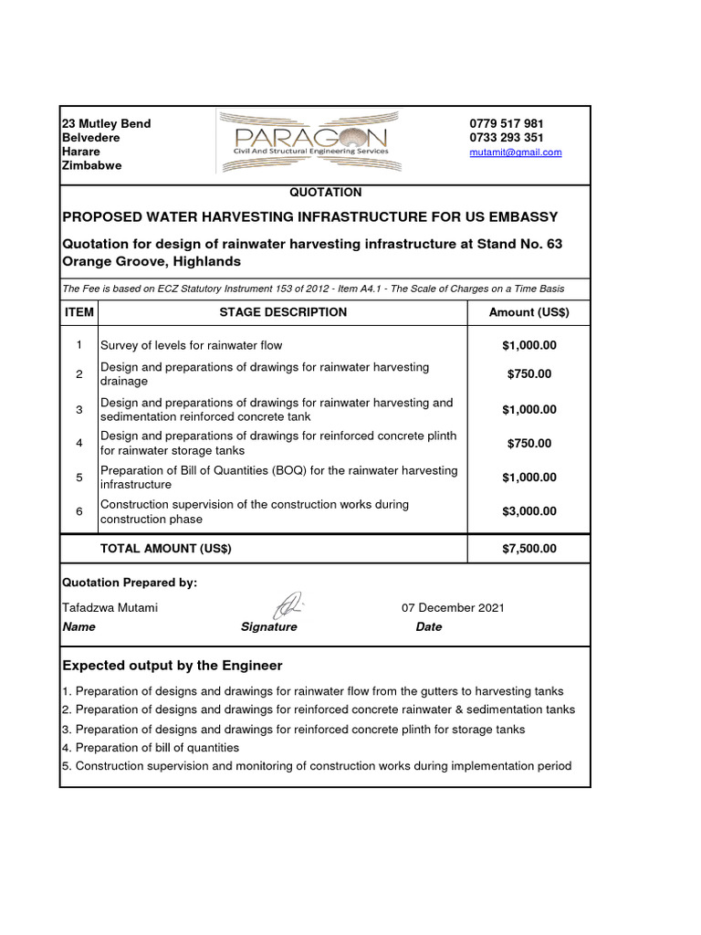 Quotation For Design of Rainwater Harvesting Infrastructure | PDF