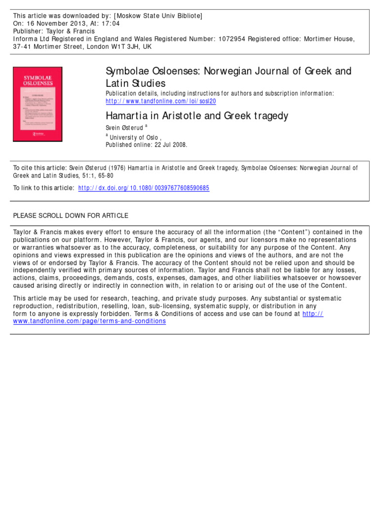 Hamartia in Aristotle and Greek Tragedy (OSLO) | PDF