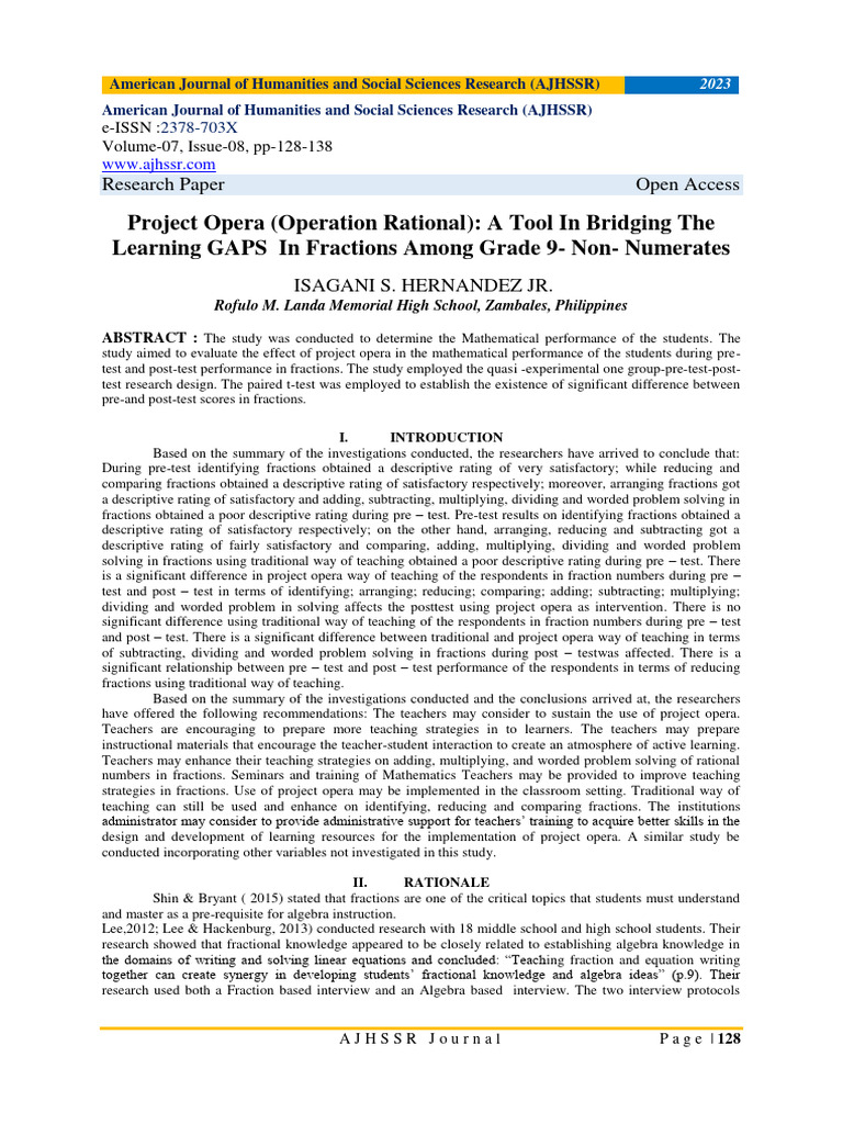 Project Opera (Operation Rational) : A Tool in Bridging The Learning GAPS in Fractions Among ...
