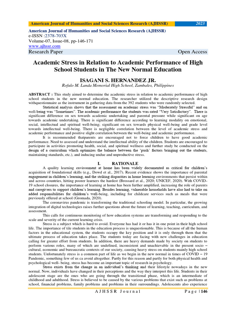 Academic Stress in Relation To Academic Performance of High School ...