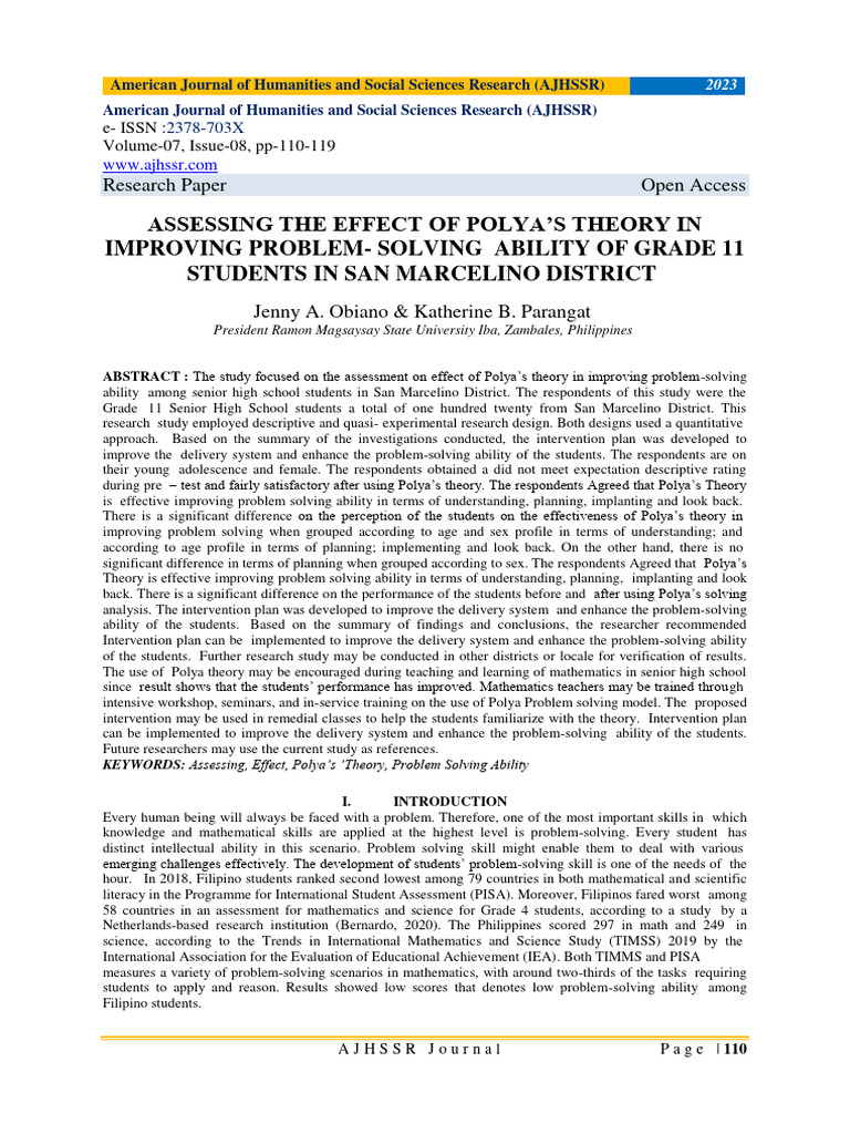 Assessing The Effect of Polya's Theory in Improving Problem - Solving Ability of Grade 11 ...