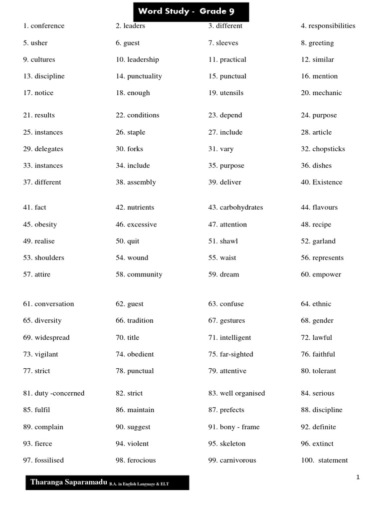 Grade 9 English Dictation Words List | PDF