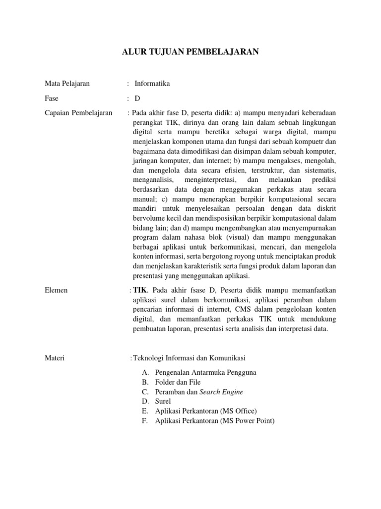 Alur Tujuan Pembelajaran Informatika | PDF