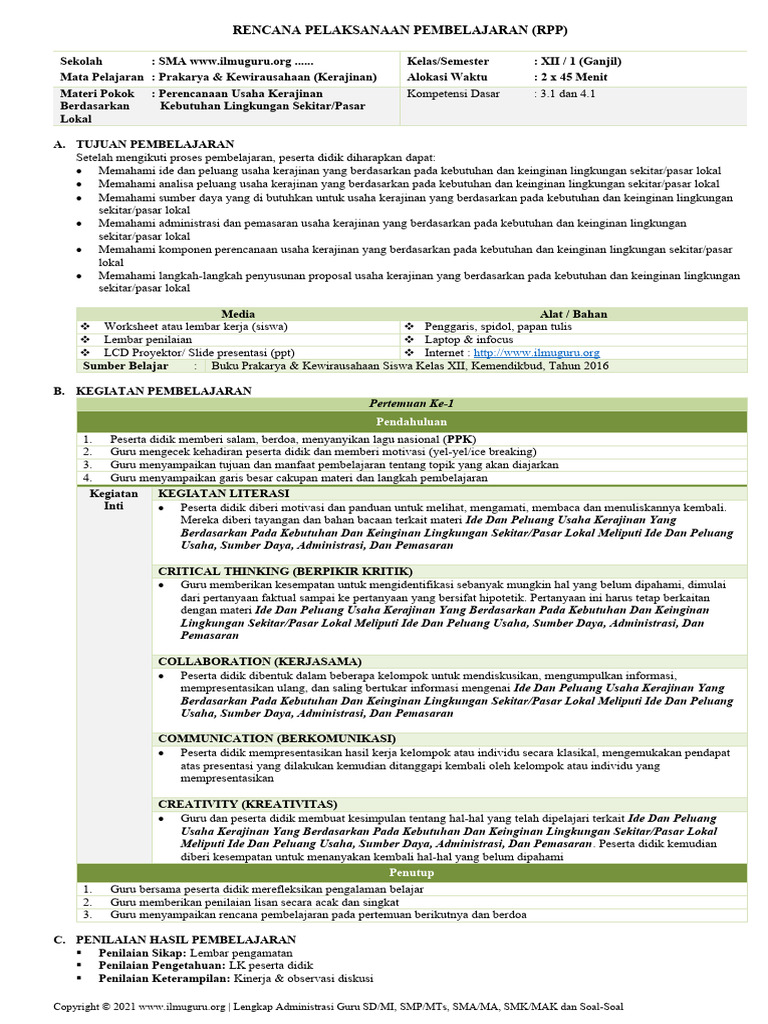 1.1 RPP I PKWU (Kerajinan) XII | PDF