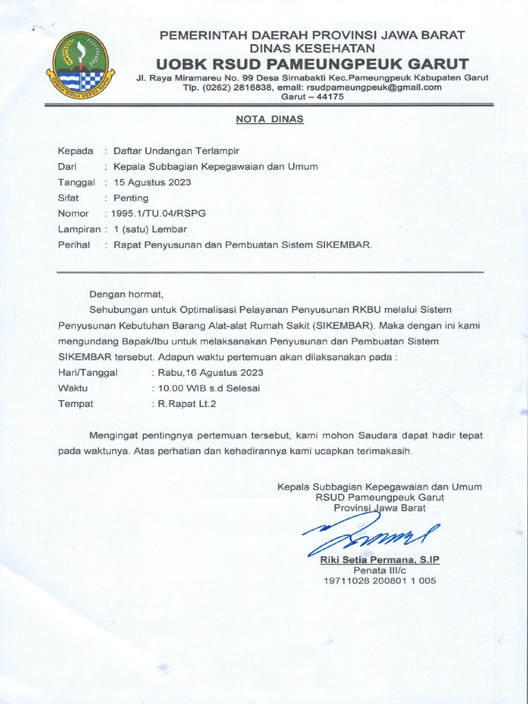 Nota Dinas Rapat Penyusunan Dan Pembuatan Sistem SIKEMBAR - 0001 | PDF Nota Dinas Rapat Penyusunan Dan Pembuatan Sistem SIKEMBAR - 0001 | PDF