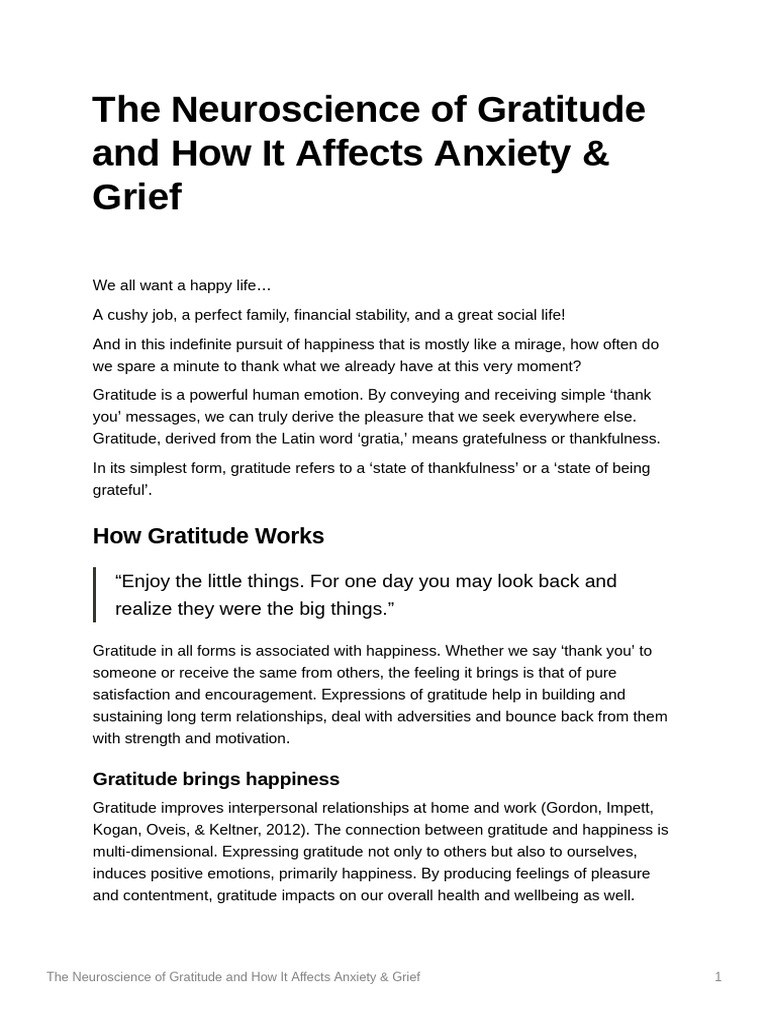 The Neuroscience of Gratitude and How It Affects Anxiety Grief | PDF
