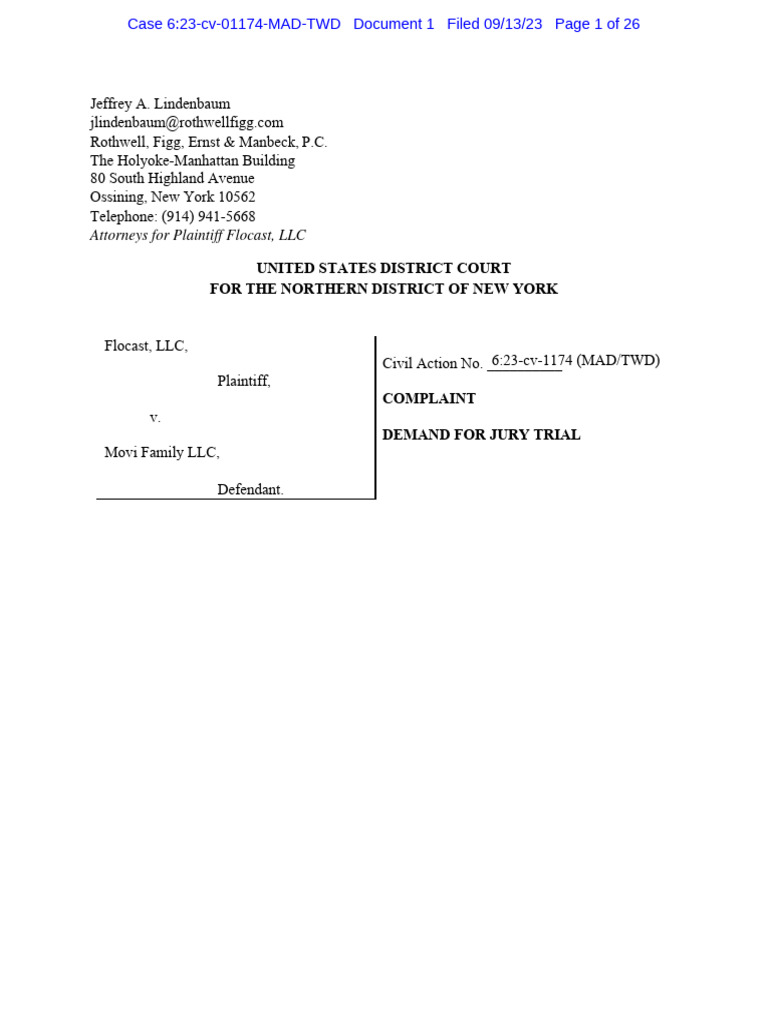 Flocast v. Movi - Complaint | PDF | Patent Infringement | Trade Dress
