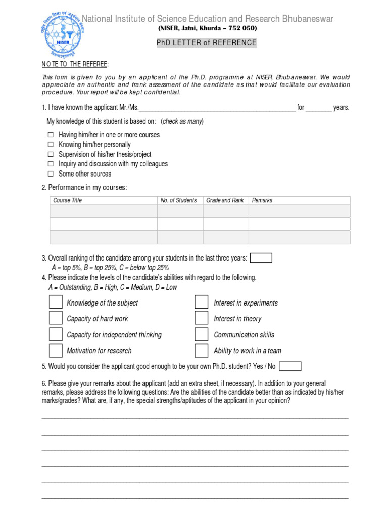 NISER PhD Reference Letter Template | PDF | Doctor Of Philosophy | Learning