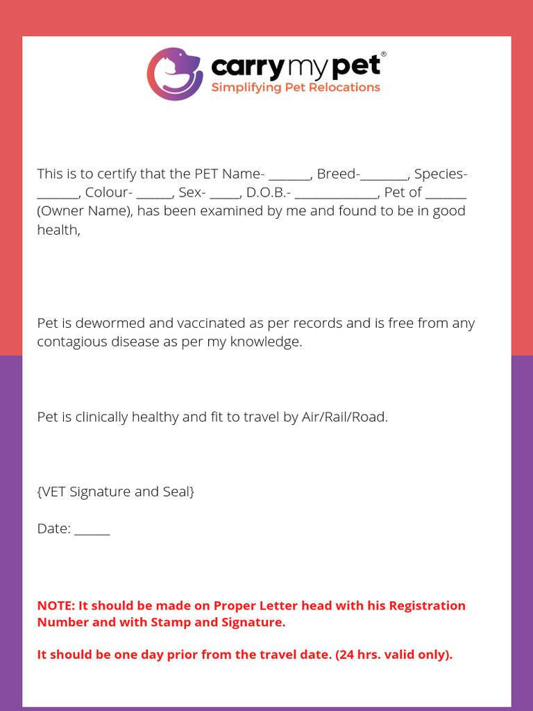 Fit To Travel Veterinary Certificate | PDF