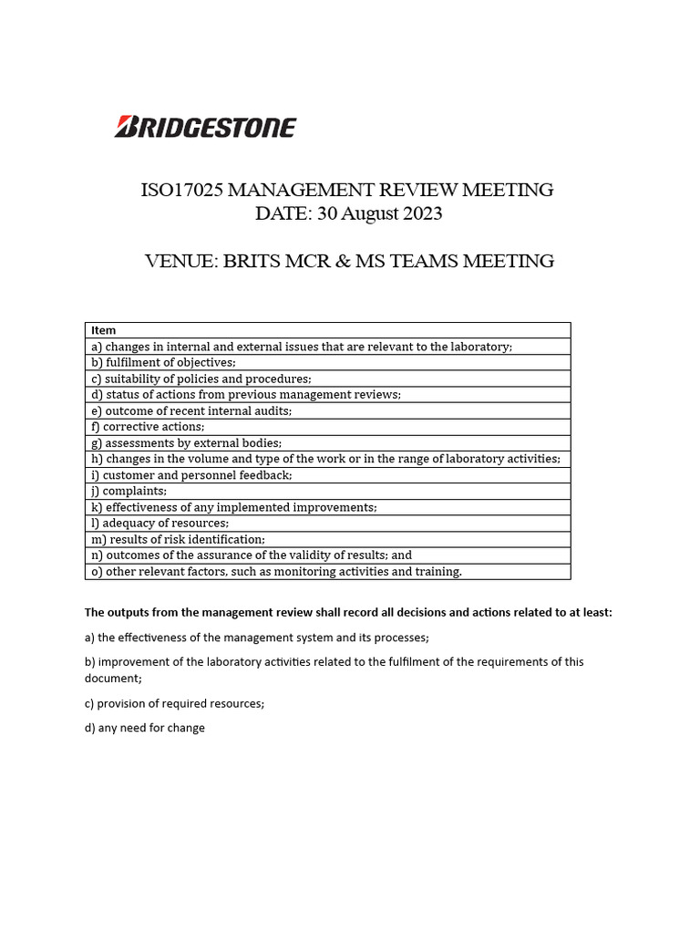 ISO17025 Management Review Agenda 30 August 2023 | PDF