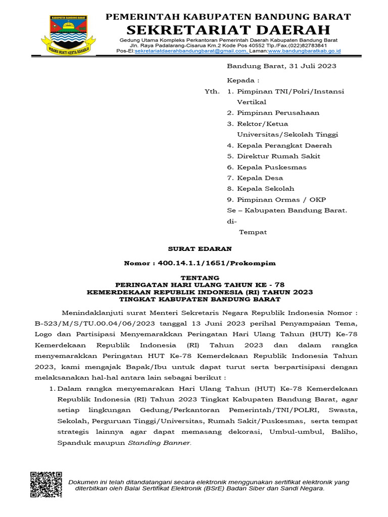 Surat Edaran HUT Ke 78 RI Tahun 2023 TK KBB - 230803 - 070541 | PDF