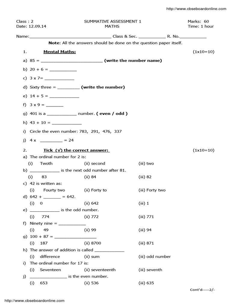 Cbse Class 2 Sa1 Mathematics 2015 | PDF | Mathematics