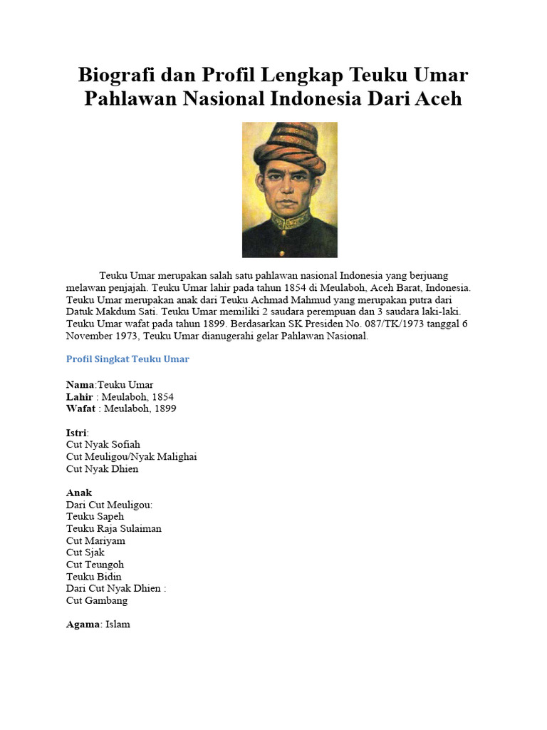 Biografi Dan Profil Lengkap Teuku Umar Pahlawan Nasional Indonesia Dari