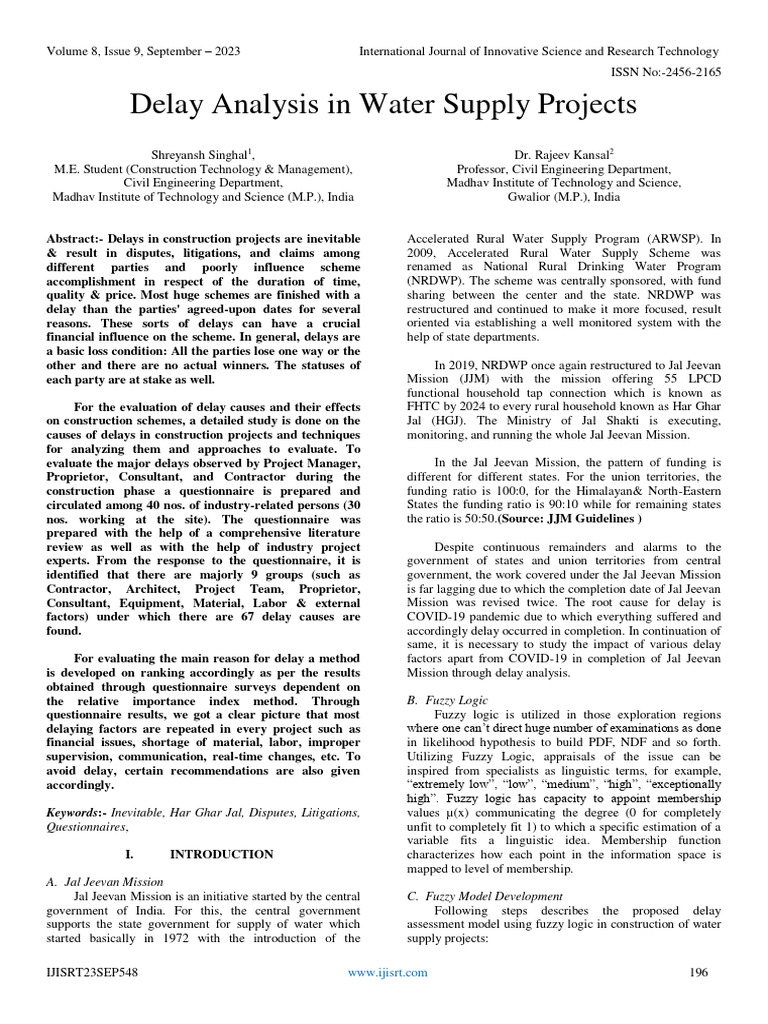 Delay Analysis in Water Supply Projects | PDF | Fuzzy Logic | Sample Size Determination