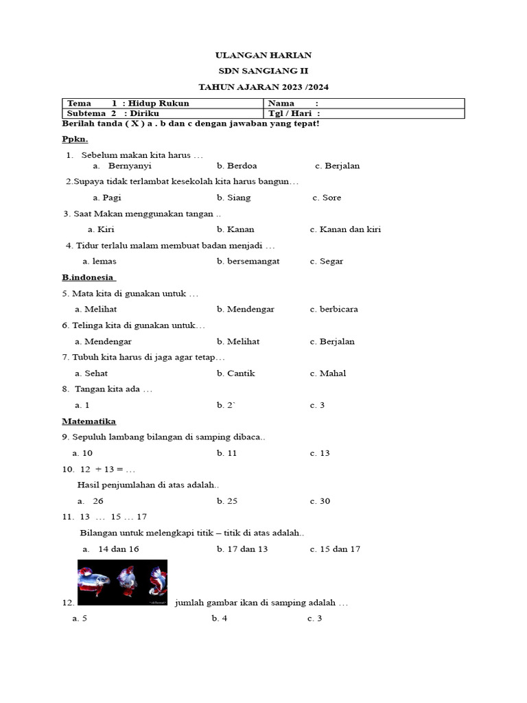 PH Tema 1 Subtema 2 Kelas 1 C 2023 | PDF