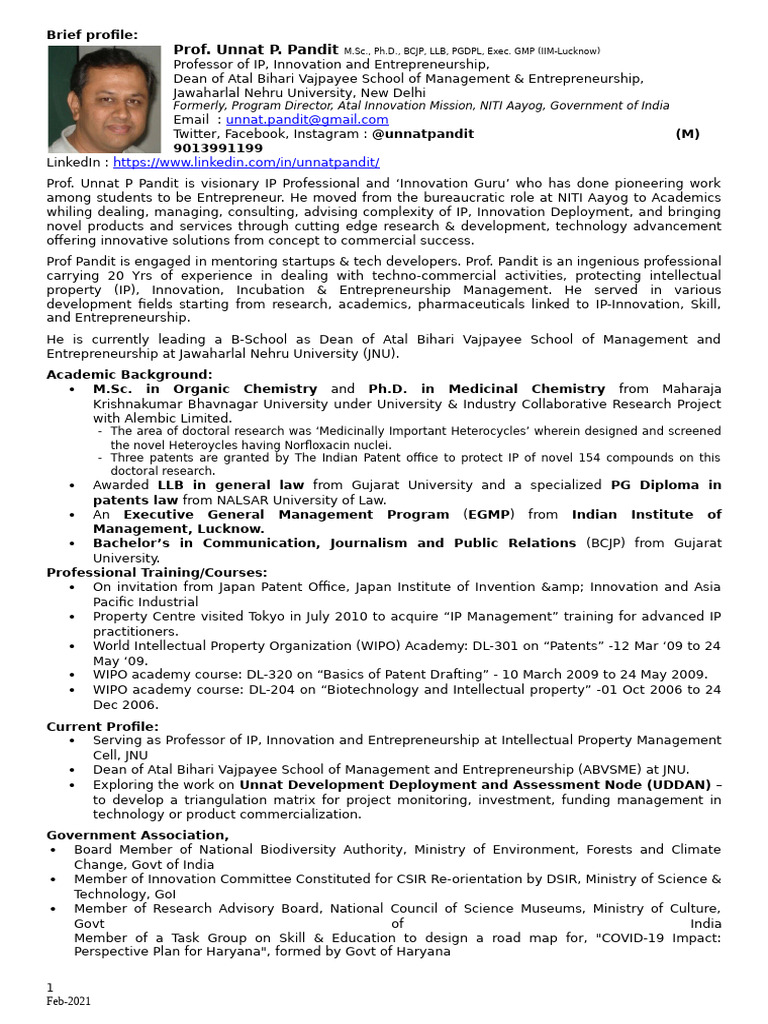 Prof. Unnat Pandit: IP & Innovation Expert | PDF | Computers