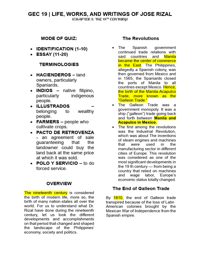 Life, Works, Writings of Jose Rizal (Chapter 2 Handout For Quiz) | PDF | Economies
