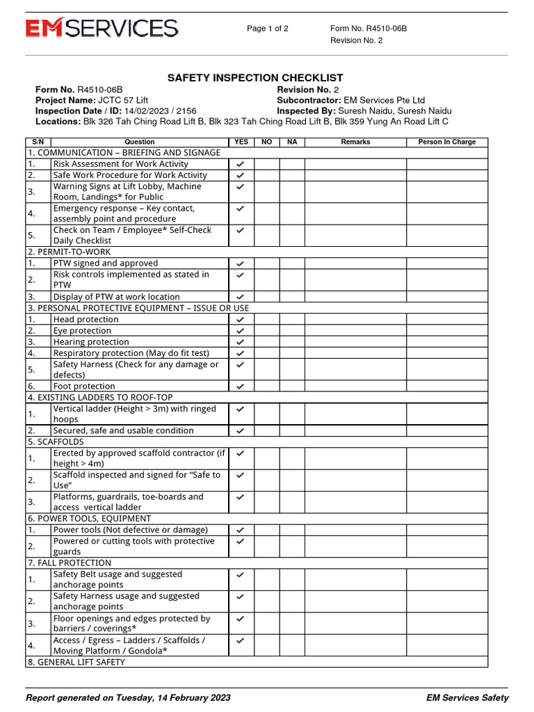 JCTC 57 EME Inspection Checklist 060223 To 110223 | PDF | Elevator | Safety