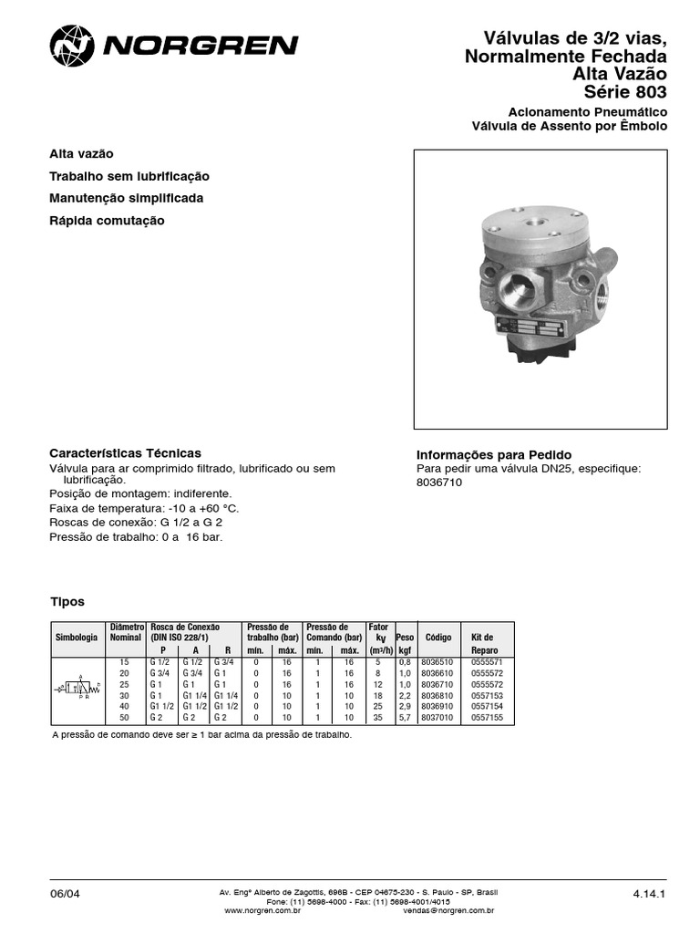 Válvulas de 3/2 Vias, Normalmente Fechada Alta Vazão Série 803 | PDF ...