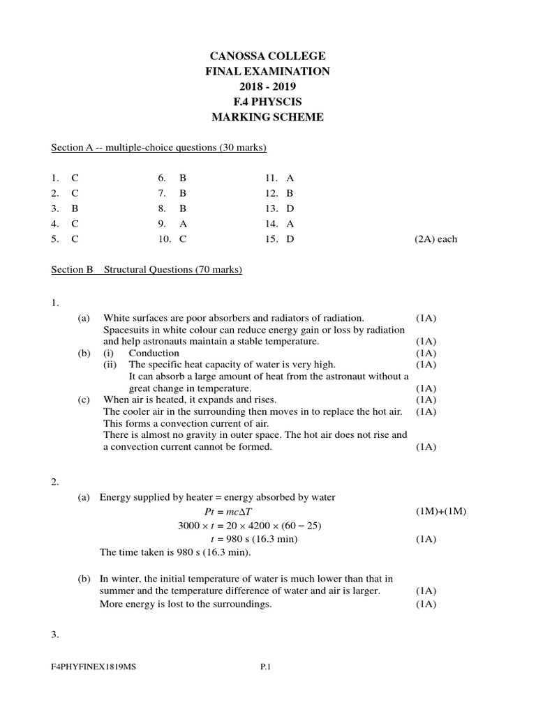F4 Physics 2018-2019 Exam Marking Scheme | PDF | Heat | Friction