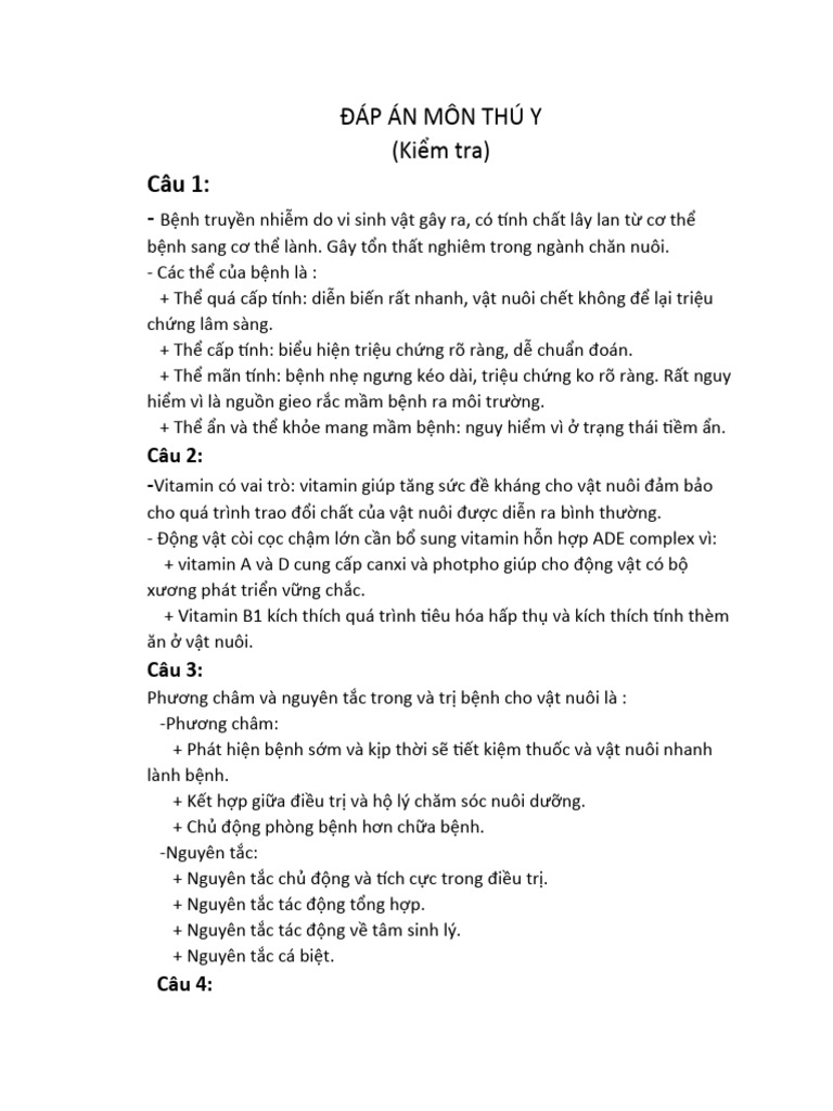 Đáp Án Môn Thú y | PDF