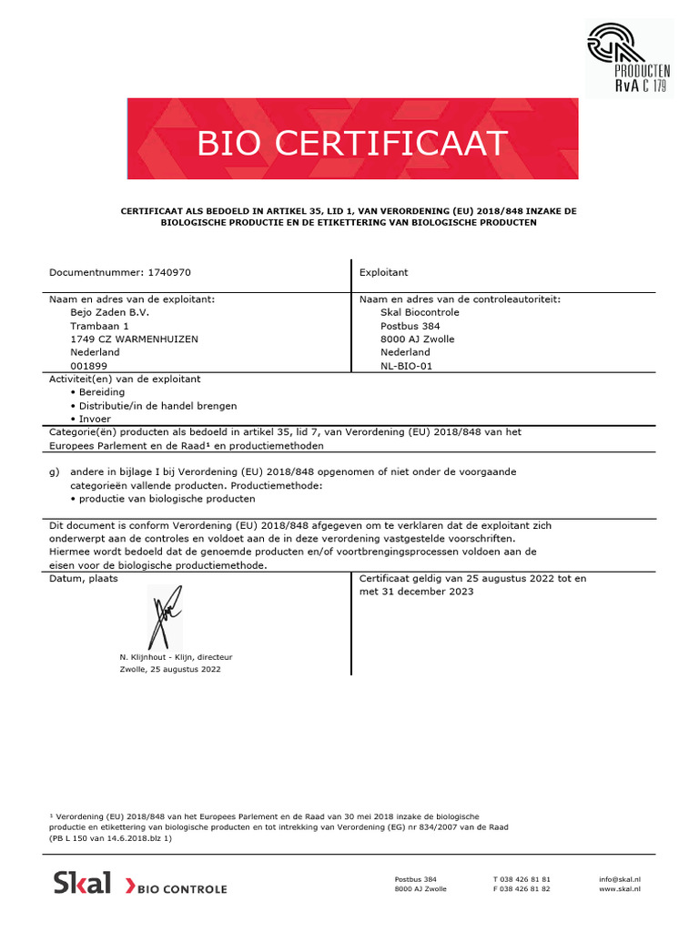 Cert - EU - BIO - Certificaat BEJO | PDF