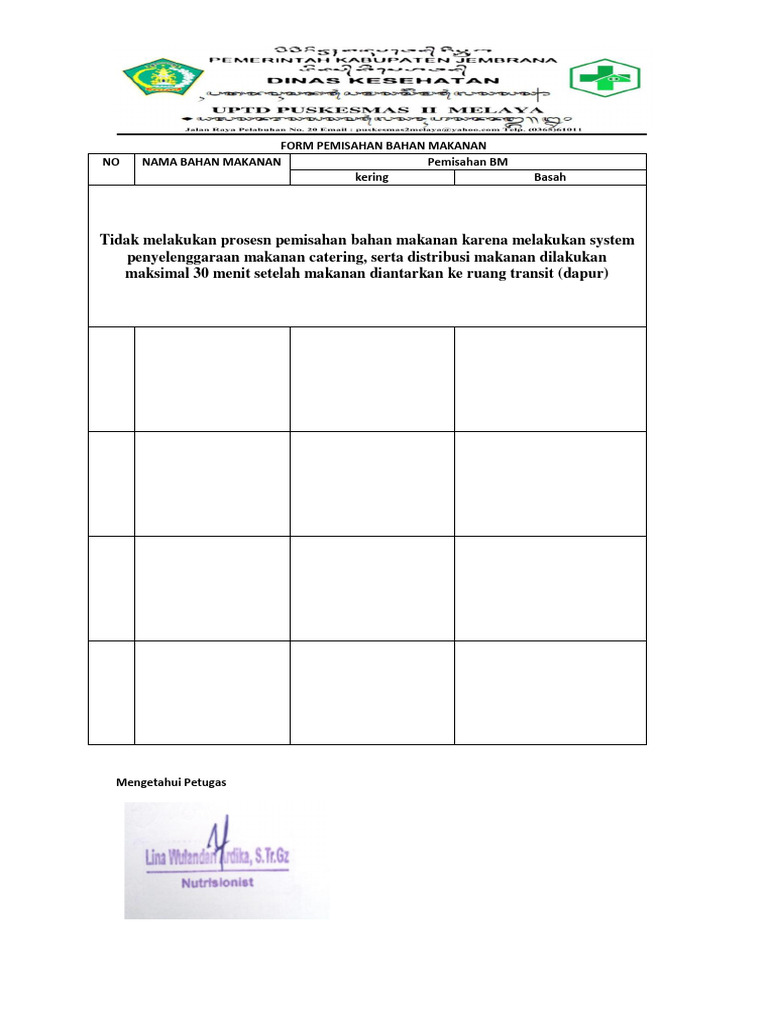 Form Pemisahan Bahan Makanan Catering | PDF