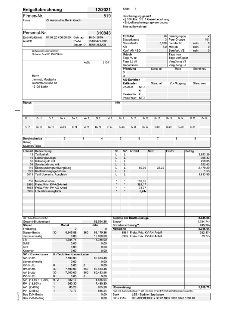 Lohnabrechnung Dezember 2021 Mustapha Jammal | PDF